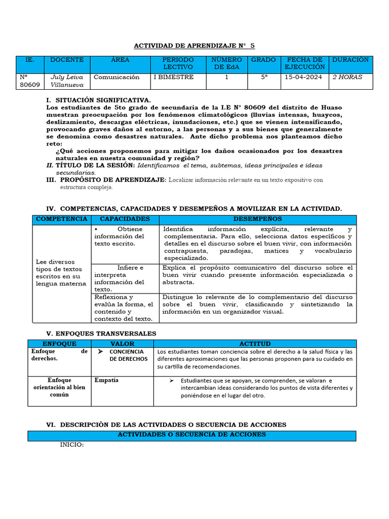 SESIÓN 5 Identificamos El Tema,Subtemas,Ideas Principales e Ideas Secundarias. | PDF ...
