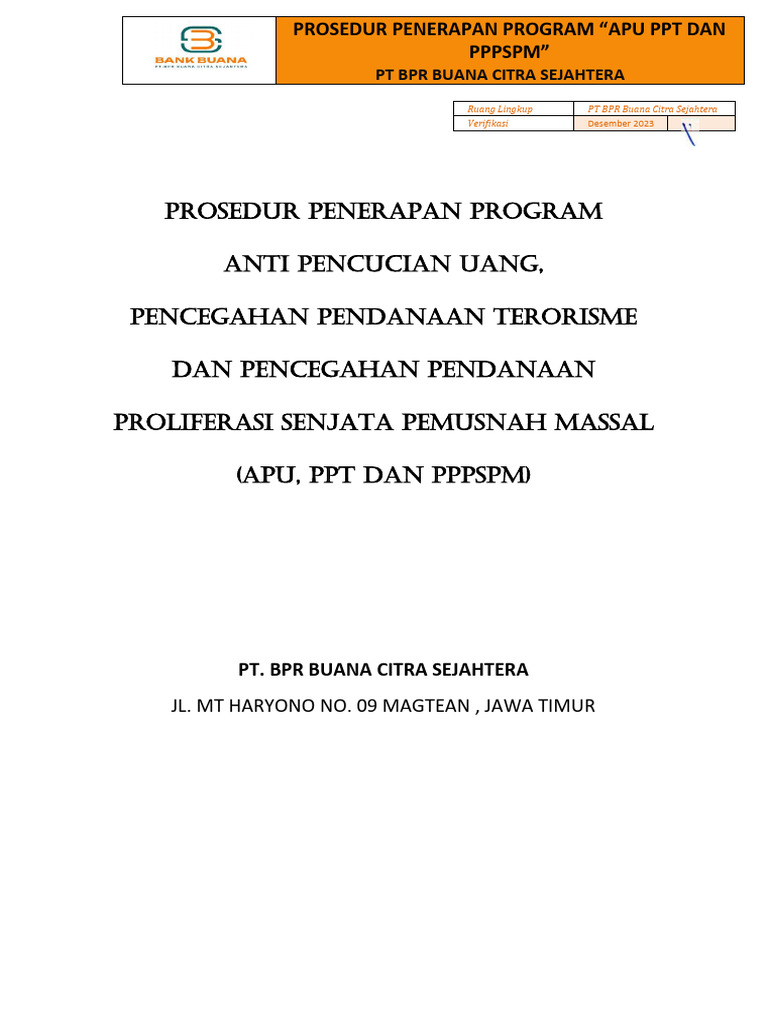 PROSEDUR PENERAPAN PROGRAM APU PPT DAN PPPSPM-1 | PDF