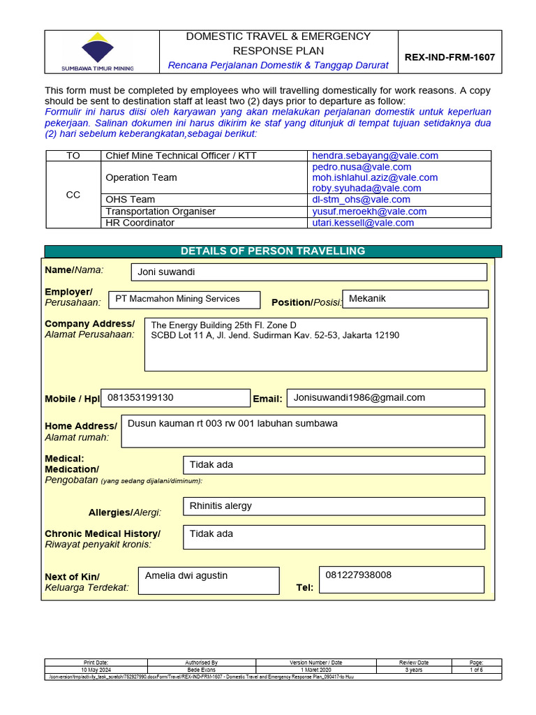 Domestic Travel Emergency Plan Form | PDF