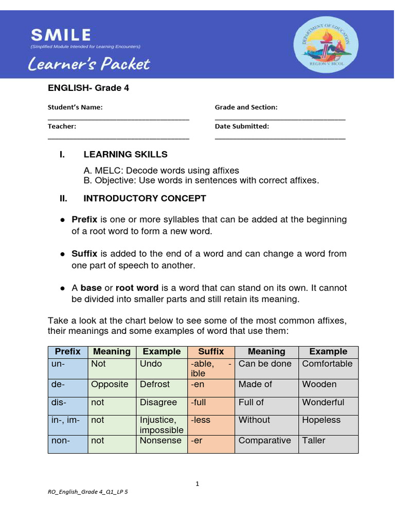 SMILE Packet English4 Q1 LP 5 1 | PDF | Word | Linguistics