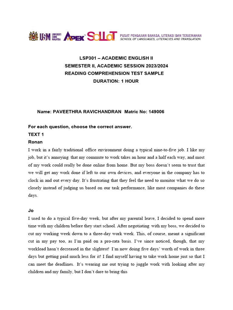 LSP301 Academic English II Practice Test | PDF | Cost Of Living | Cash