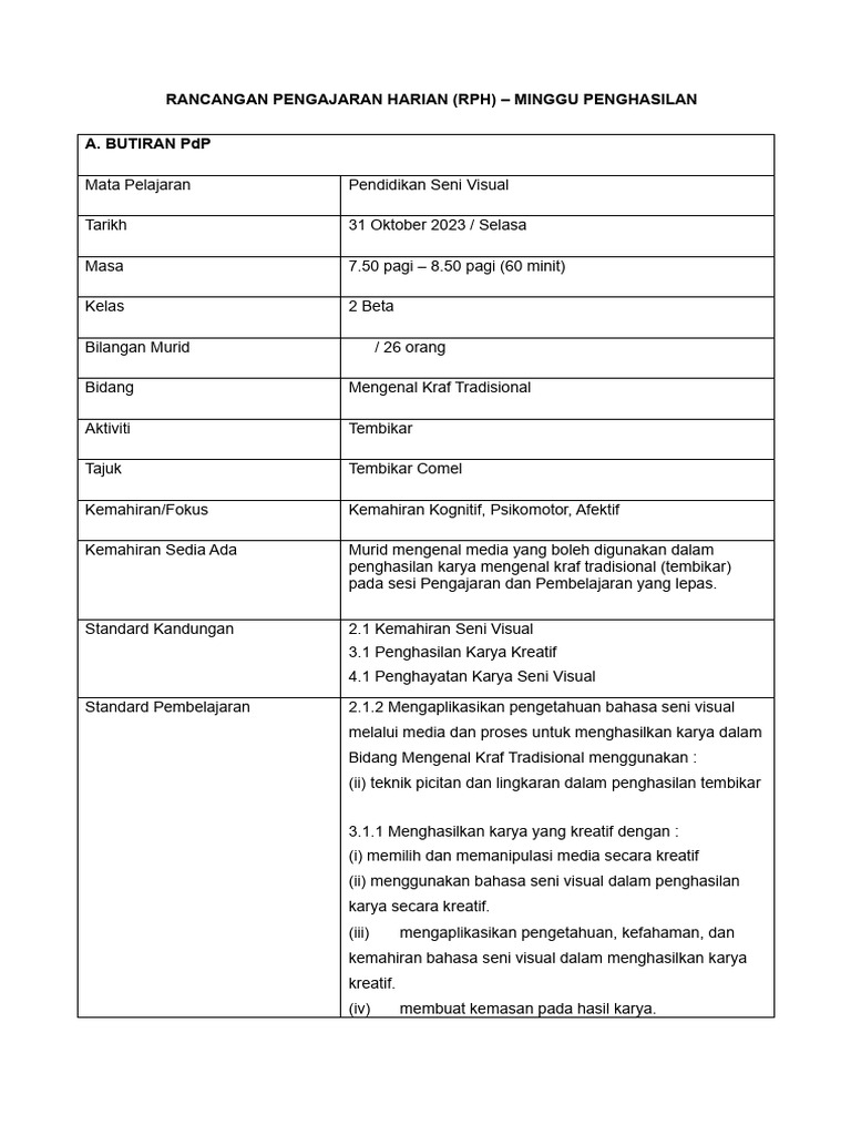 RPH PSV Tahun 2 (Tembikar) | PDF