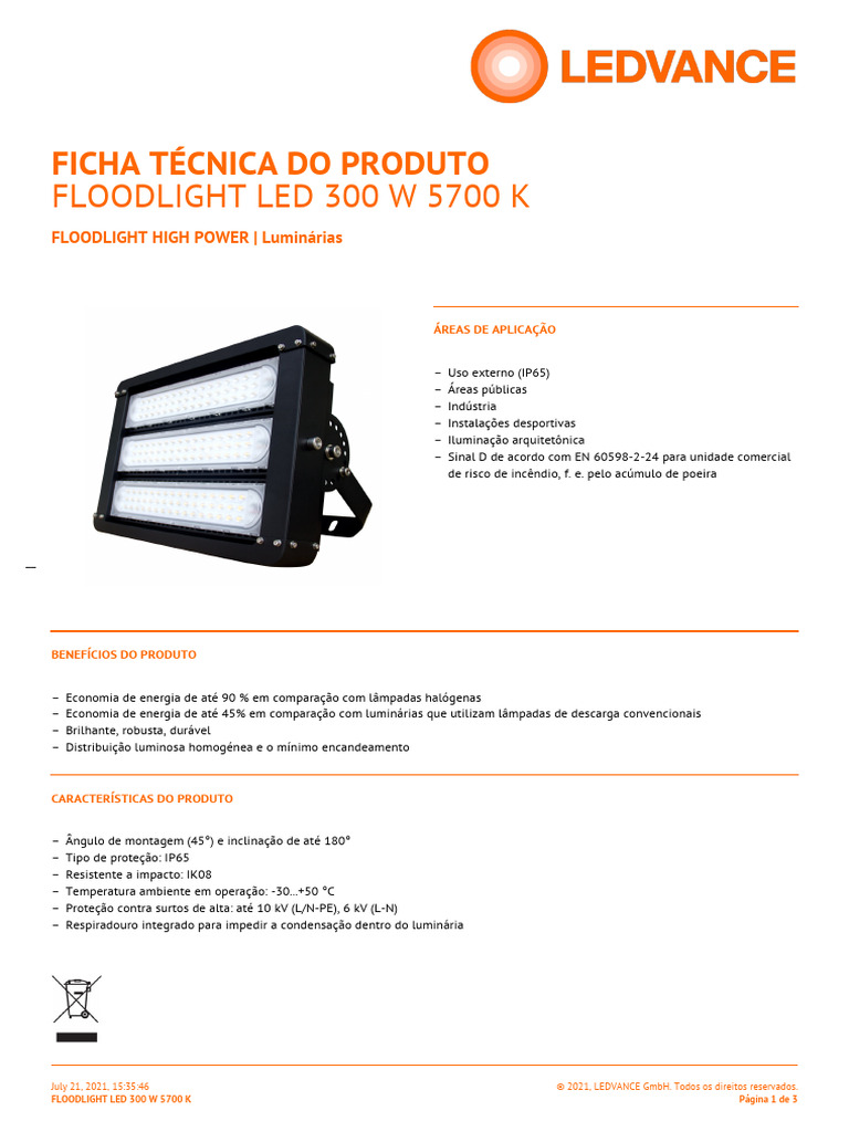Data Sheet FLOODLIGHT - LED - 300 - W - 5700 - K | PDF | Iluminação ...