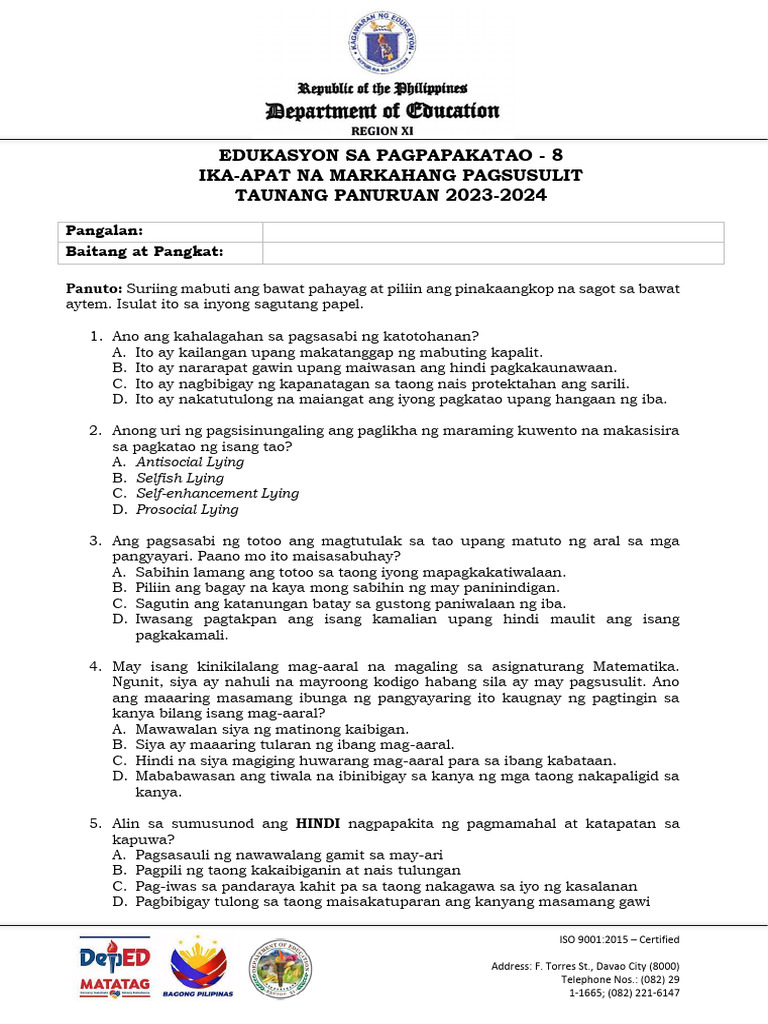 EsP 8 4thquarter 2023-2024 TQ AK TOS | PDF