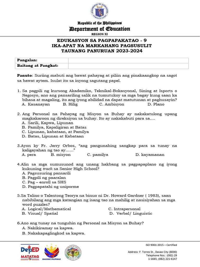 EsP 9 4thquarter 2023-2024 TQ AK TOS | PDF