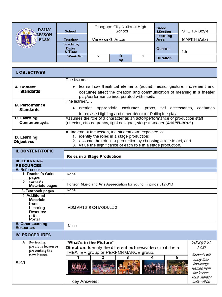 Finalq4 COT LP ARTS10 Roles in A Stage Production | PDF | Learning | Teachers