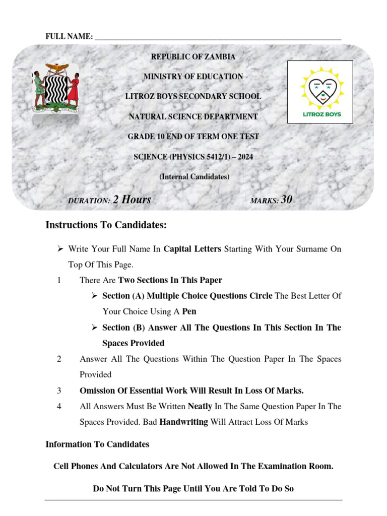 Grade 10 Physics Term 1 Test 2024 | PDF | Gases | Density