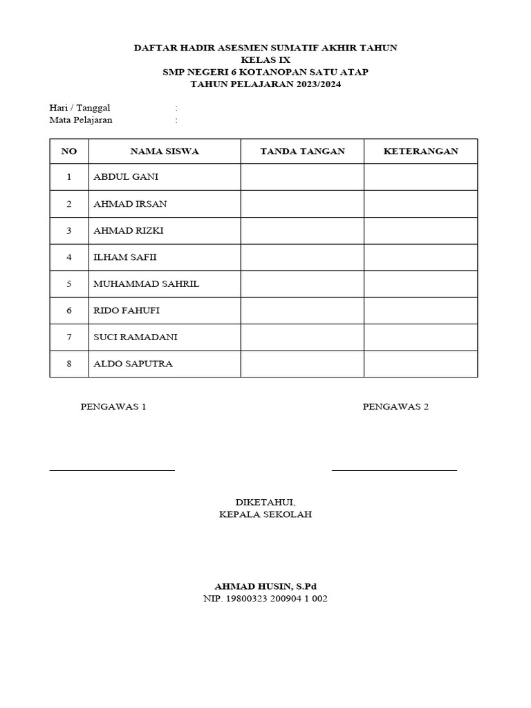 Daftar Hadir Asesmen Sumatif Akhir Tahun | PDF