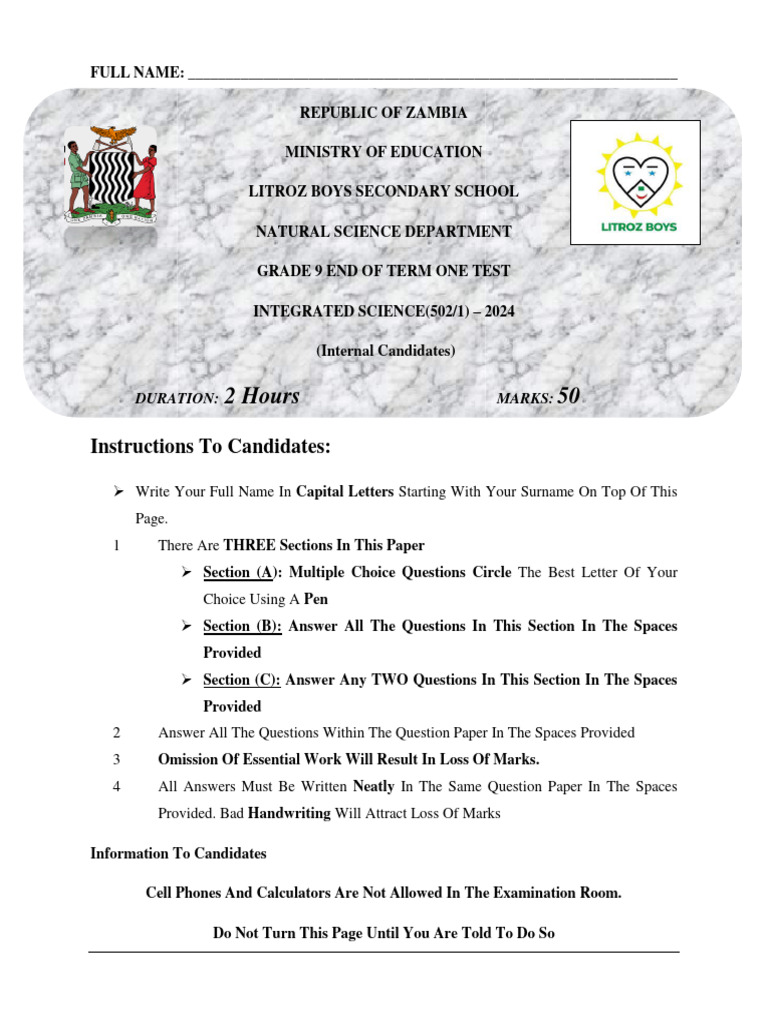 Grade 9 Integrated Science Term 1 Test | PDF | Resistor | Electrical ...