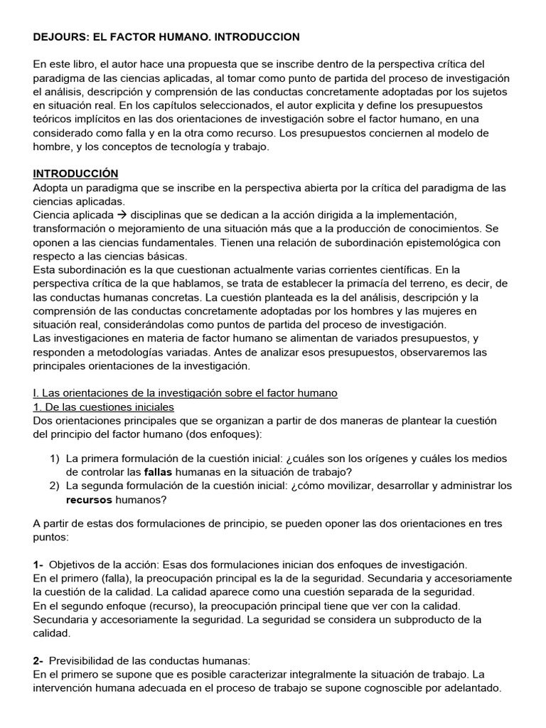 DEJOURS Factor Humano | PDF | Paradigma | Comportamiento