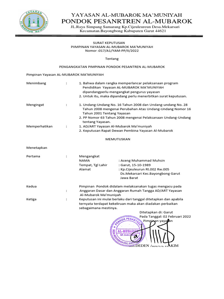 SK Pimpinan Pondok Dan Bendahara Pondok | PDF