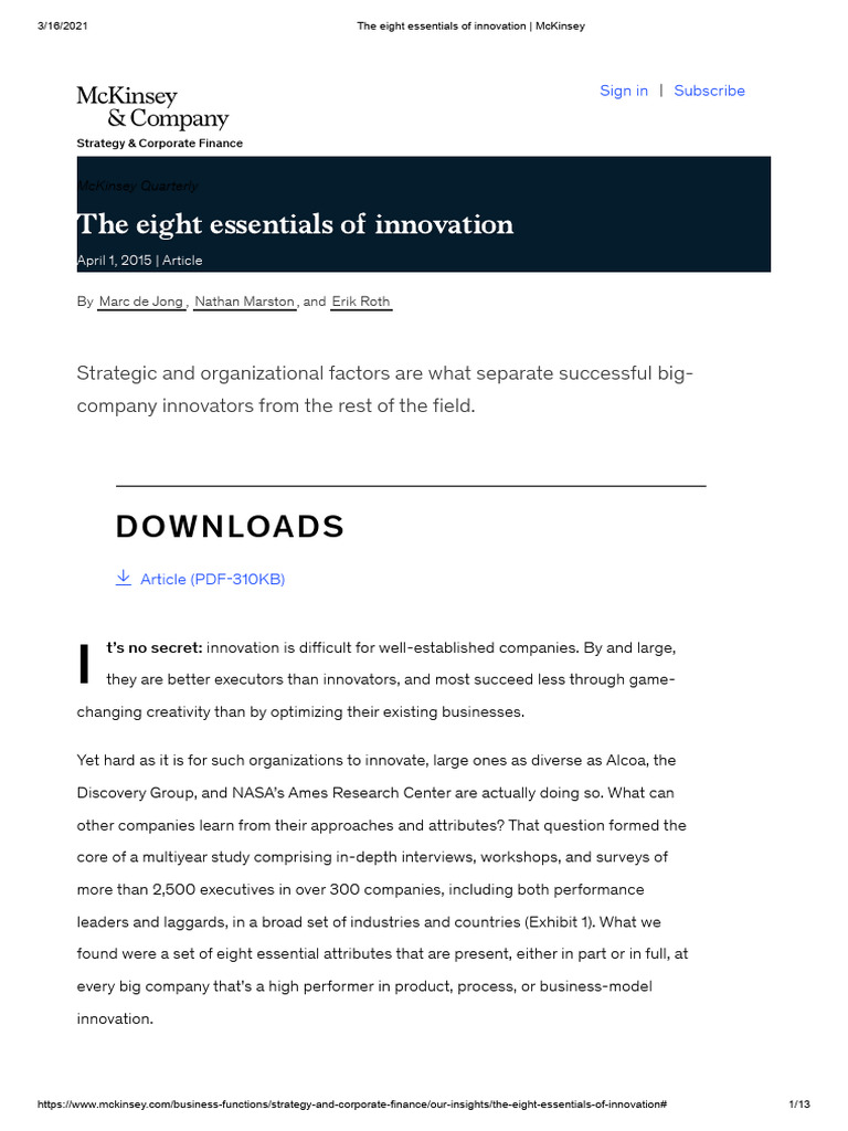 The Eight Essentials of Innovation - McKinsey | PDF | Innovation ...