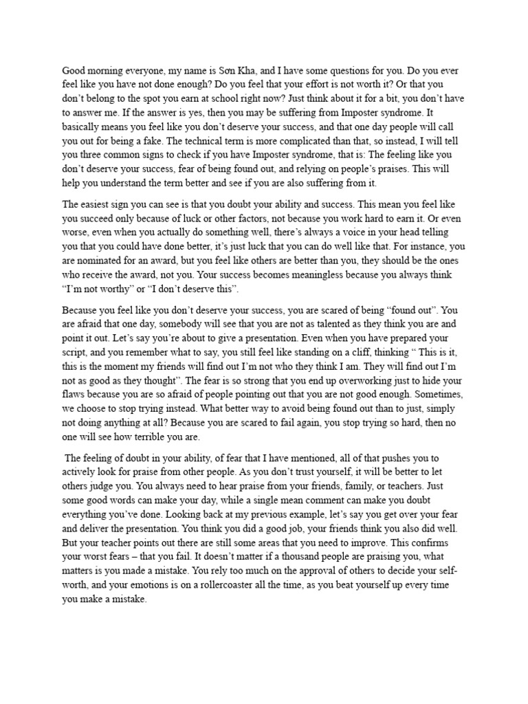 Imposter Syndrome Pdf Psychology