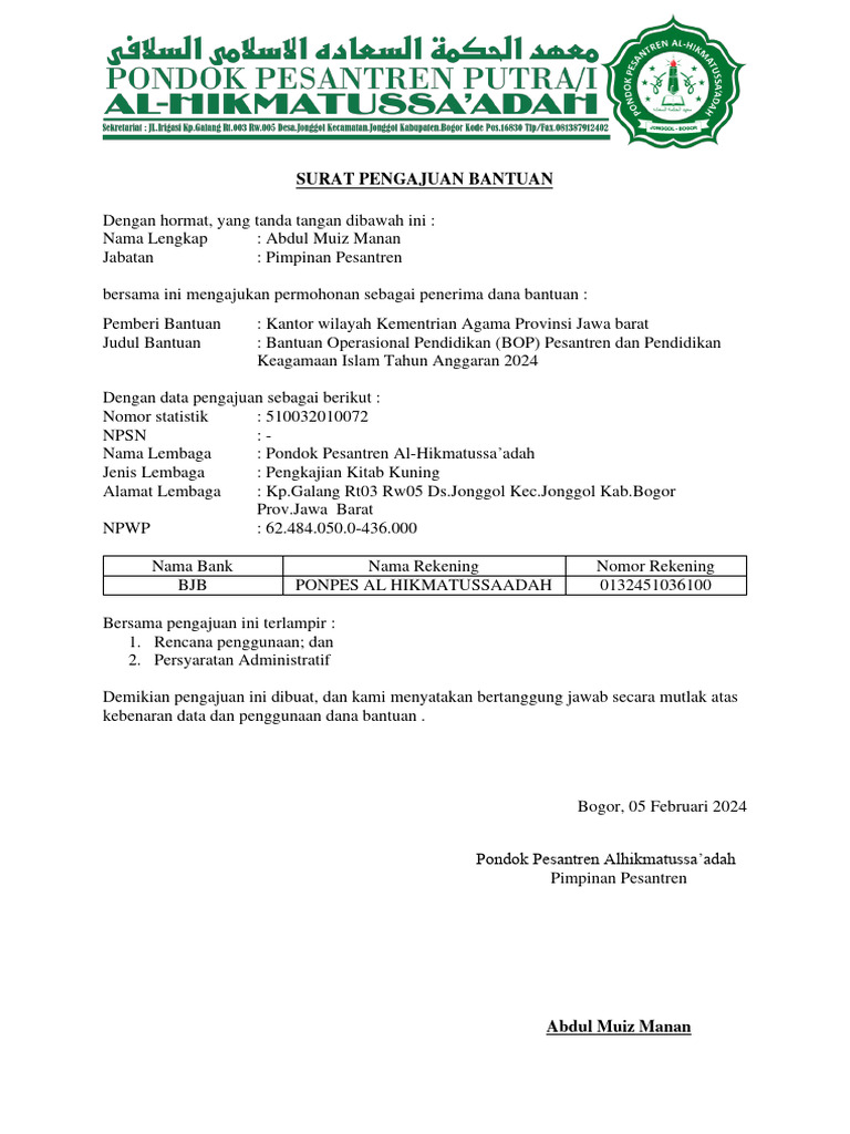 Surat Permohonan Bantuan Bop 2024 | PDF | Pengelolaan Keuangan & Uang