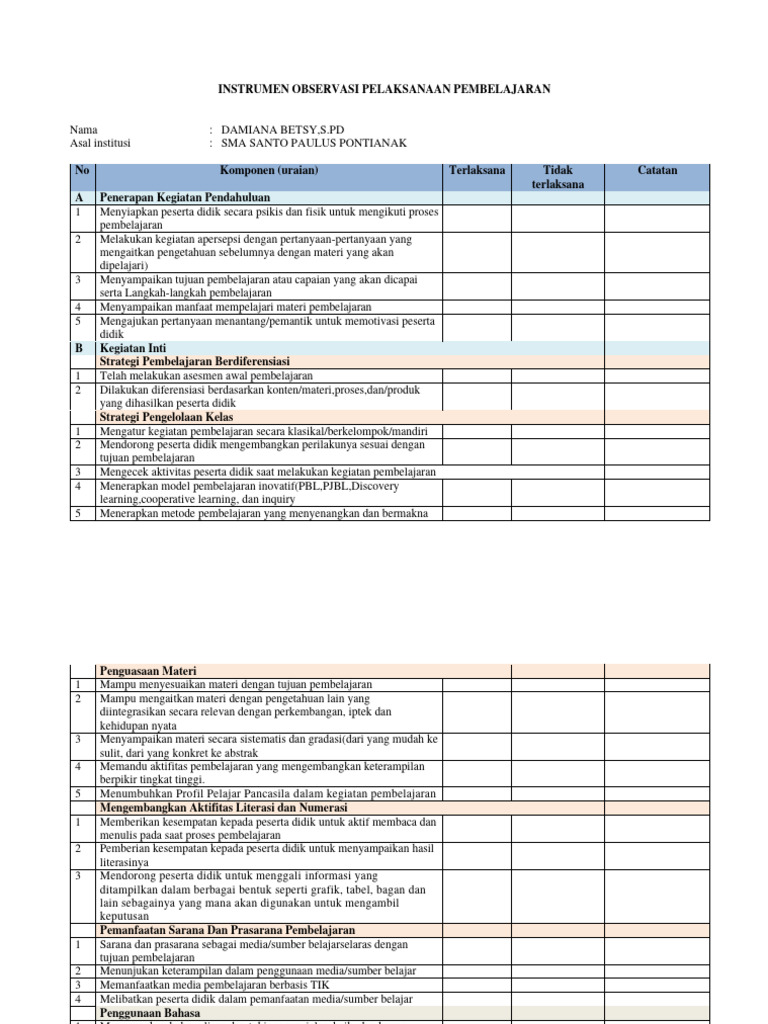 Instrumen Observasi Pelaksanaan Pembelajaran | PDF
