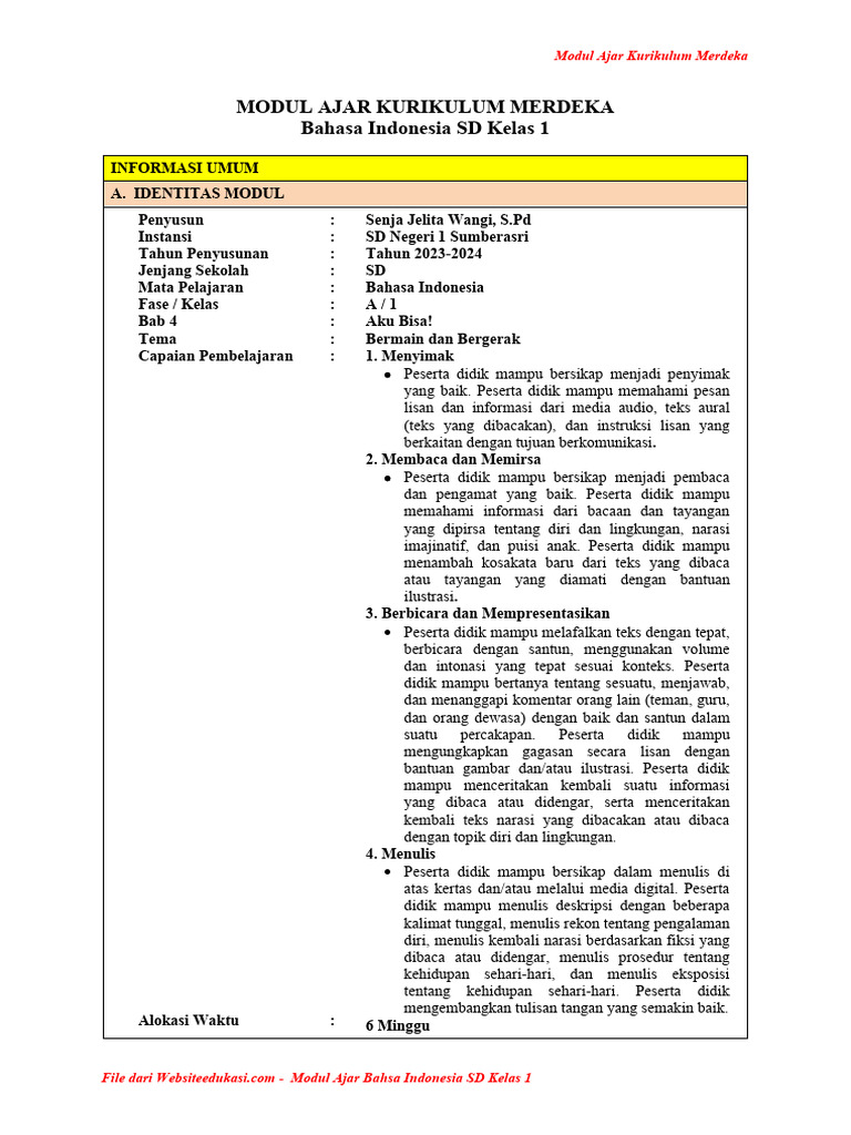 Modul Ajar Bahasa Indonesia Kelas 1 SD BAB 4 (Kurikulum Merdeka) | PDF