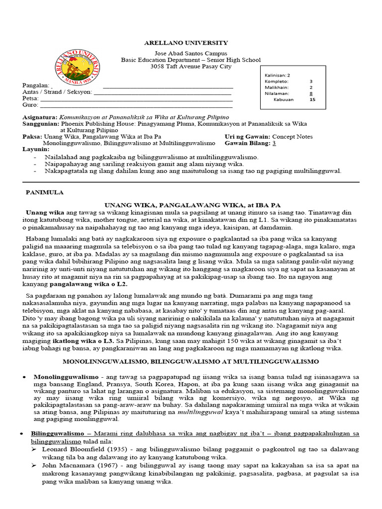 DLP-3.3 - Monolingguwalismo, Bilingguwalismo at Multilingguwalismo | PDF
