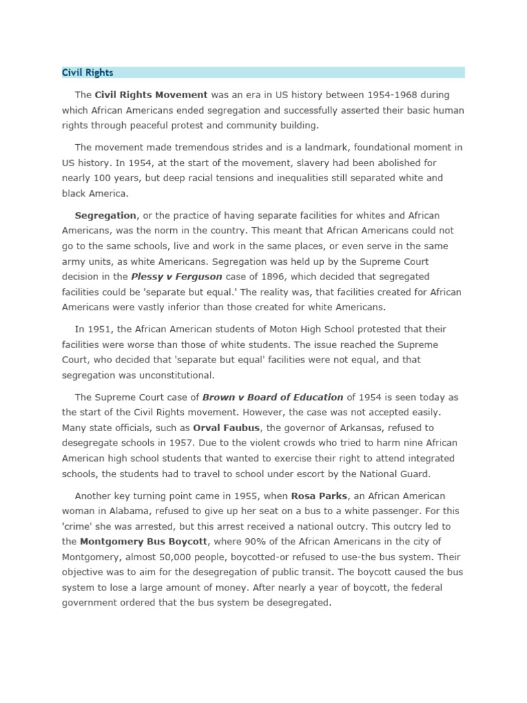 Civil Rights Movement Overview | PDF | Jim Crow Laws | Brown V. Board ...