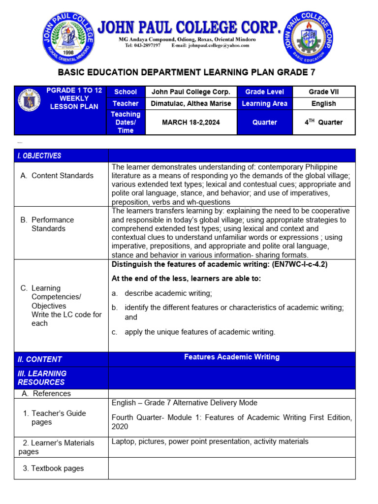 Sure DLP English 4. | PDF | Learning | English Language