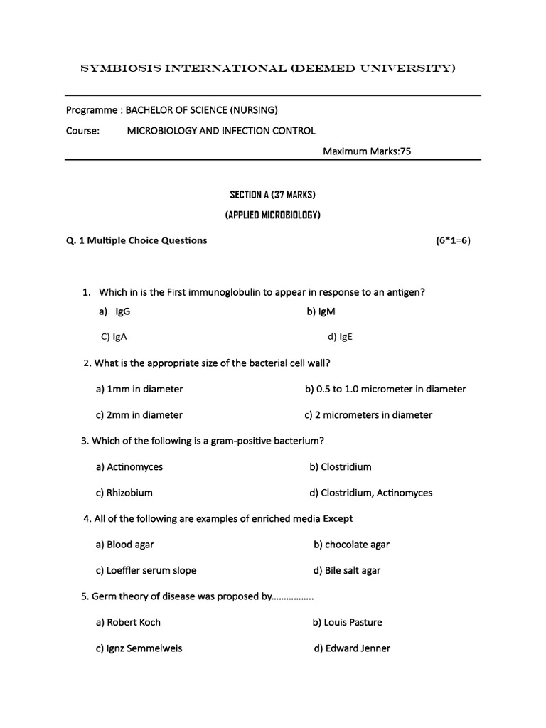 Question Paper of Microbiology and Infection Control | PDF | Hospital ...