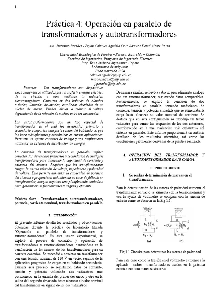 Practica 4 Operacion en Paralelo de Transformadores y Autotransformadores | Descargar gratis PDF ...