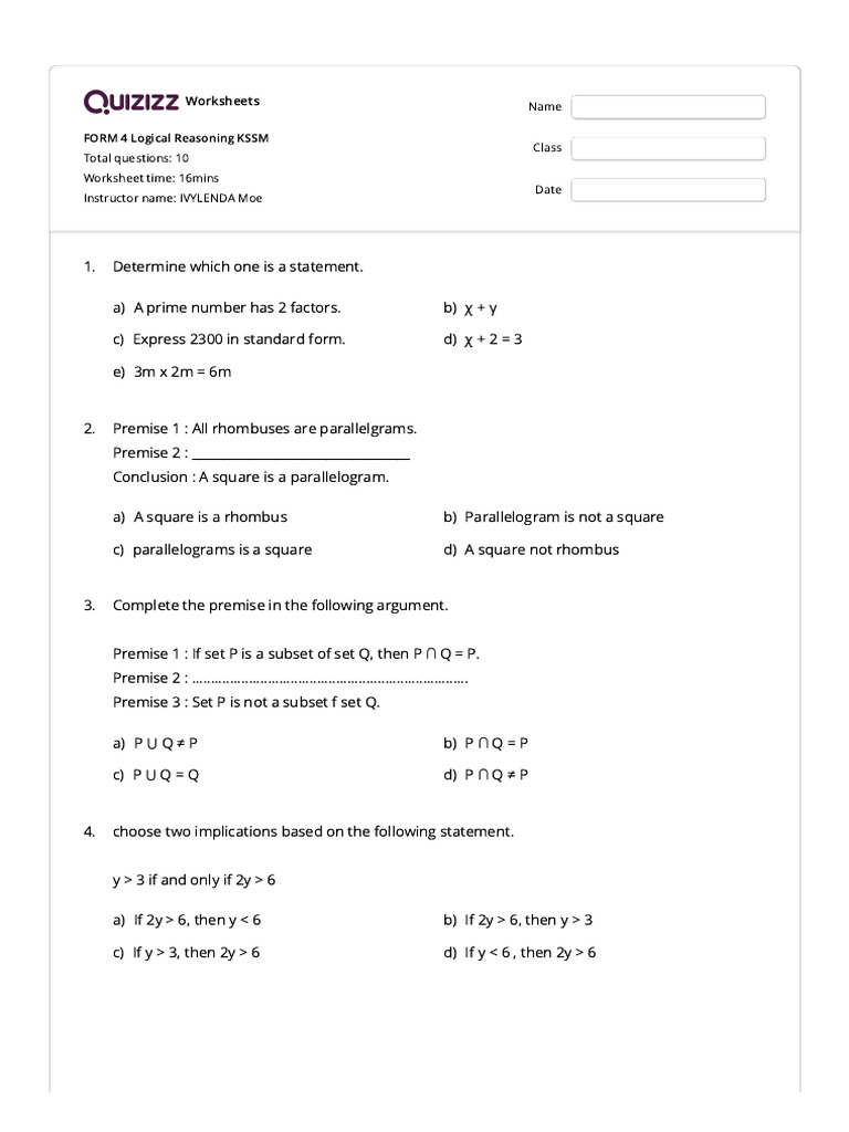 Form 4 Logical Reasoning Worksheets | PDF | Logic | Elementary Geometry