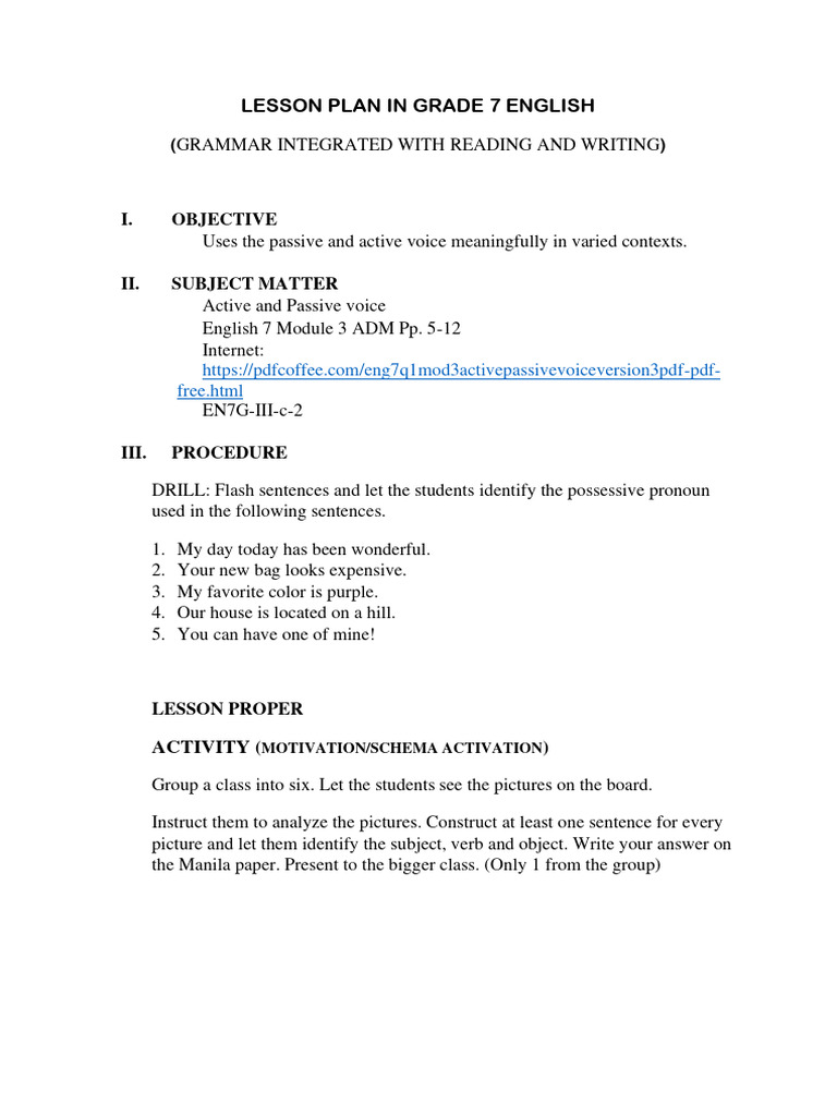 Lesson Plan in Grade 7 4a's | PDF | Verb | Linguistic Morphology