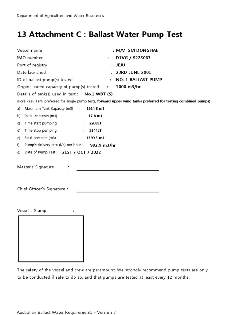 SD1-2022.10.21 No.1,2 Ballast Pump Test | PDF | Water Transport | Shipping