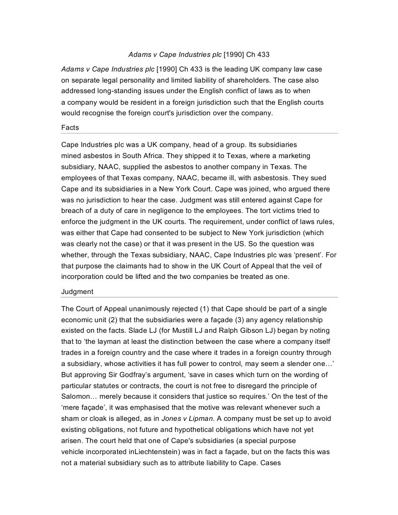 Adams V Cape Industries PLC | PDF | Civil Law (Legal System) | Government
