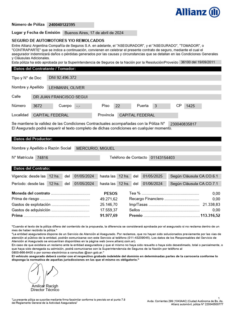 Poliza Allianz | Descargar gratis PDF | Póliza de seguros | Seguro
