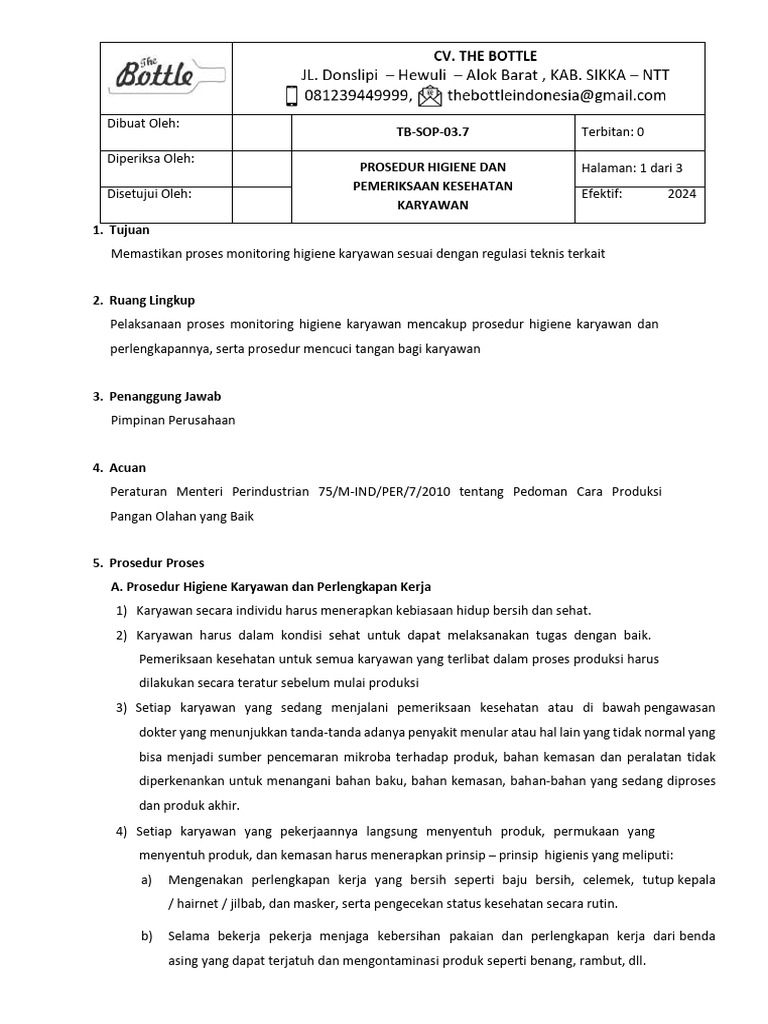 SOP-06-Prosedur Hygiene Dan Pemeriksaan Kesehatan Karyawan | PDF
