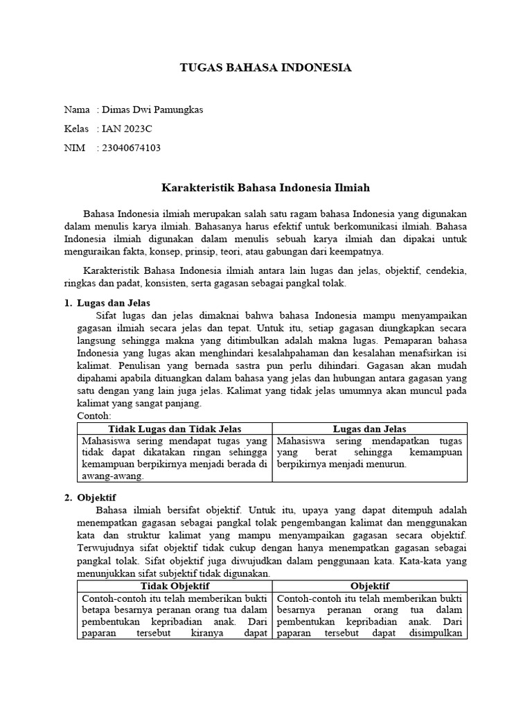 Tugas BIN Karakteristik Bahasa Indonesia Ilmiah | PDF | Karier & Perkembangan | Kajian Bahasa Asing