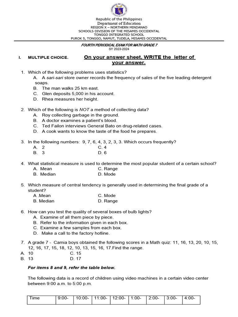 4Q Math 7 PT | PDF | Mean | Median