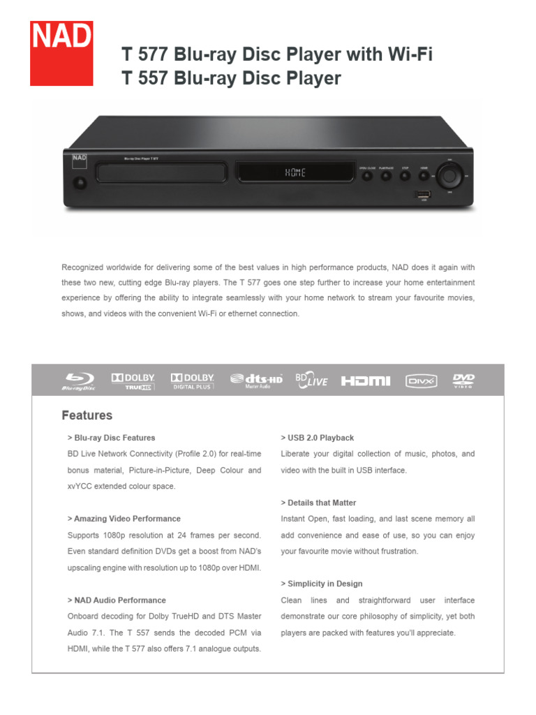 Data Sheet - T 557 Blu-Ray Disc Player-1 | PDF | Blu Ray | Hdmi