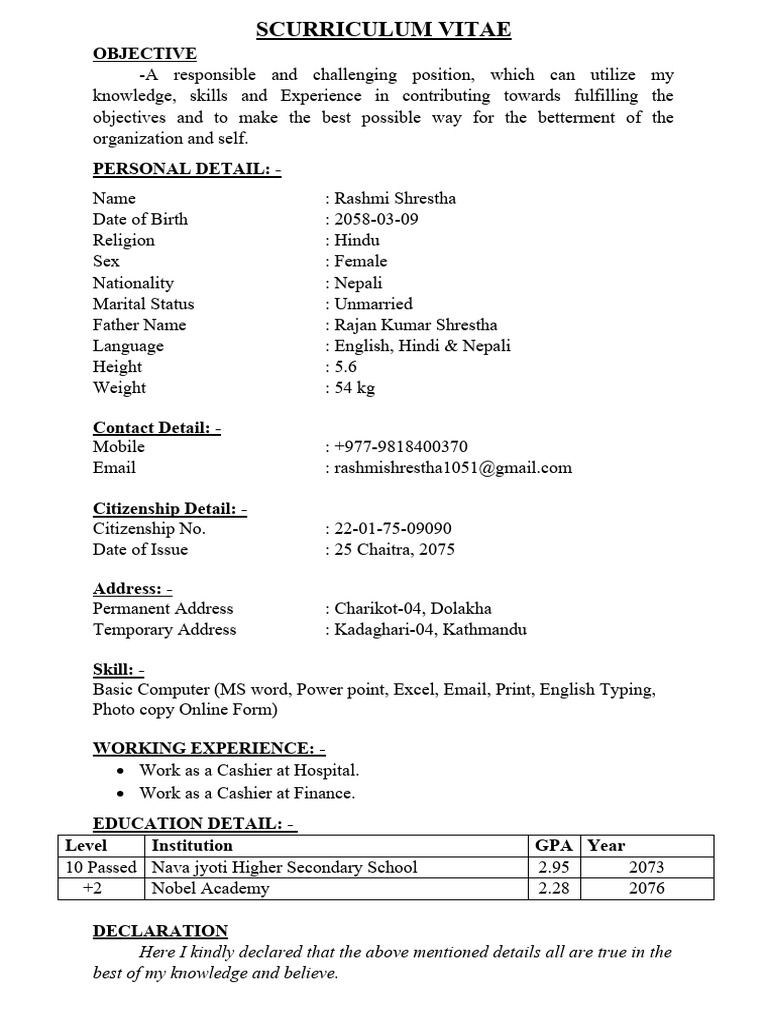Rashmi Shrestha's CV and Experience | PDF