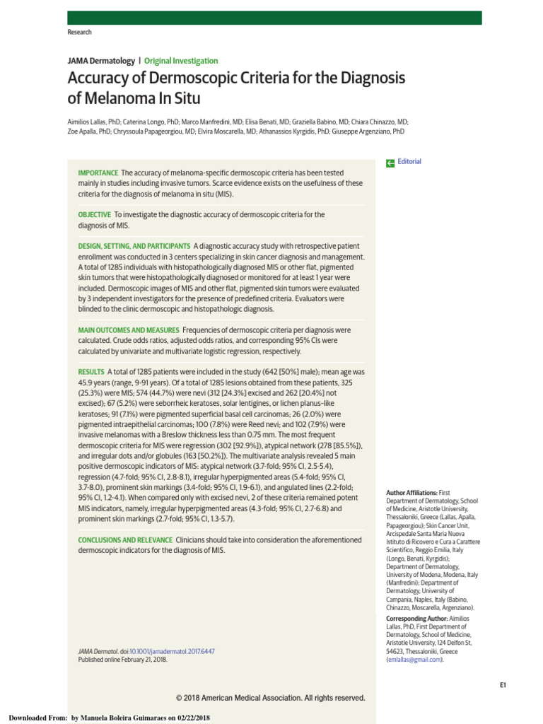 Dermoscopic Criteria for Melanoma In Situ | PDF | Melanoma | Medical ...