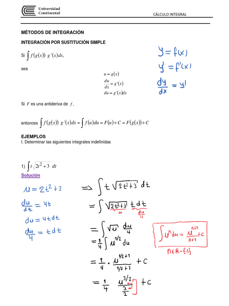 01 Integración Por Sustitución Simple Pdf Integral Análisis