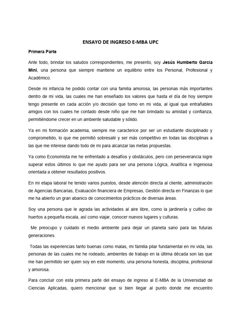 Ensayo de Ingreso E-MBA UPC | PDF