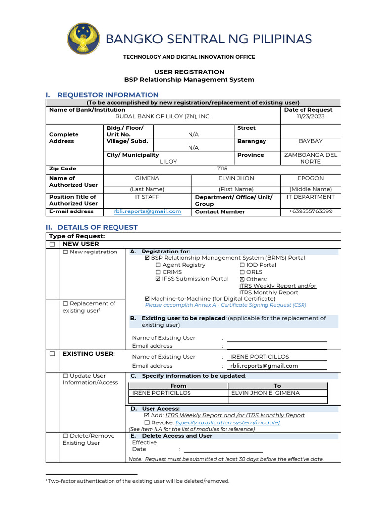 BSP User Registration Request Form | PDF | User (Computing) | Login