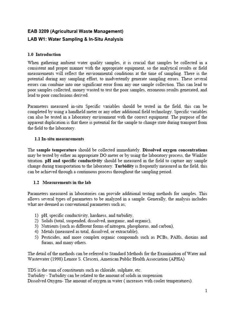 Lab W1 Water Sampling + In-situ Analysis | PDF | Laboratories | Water