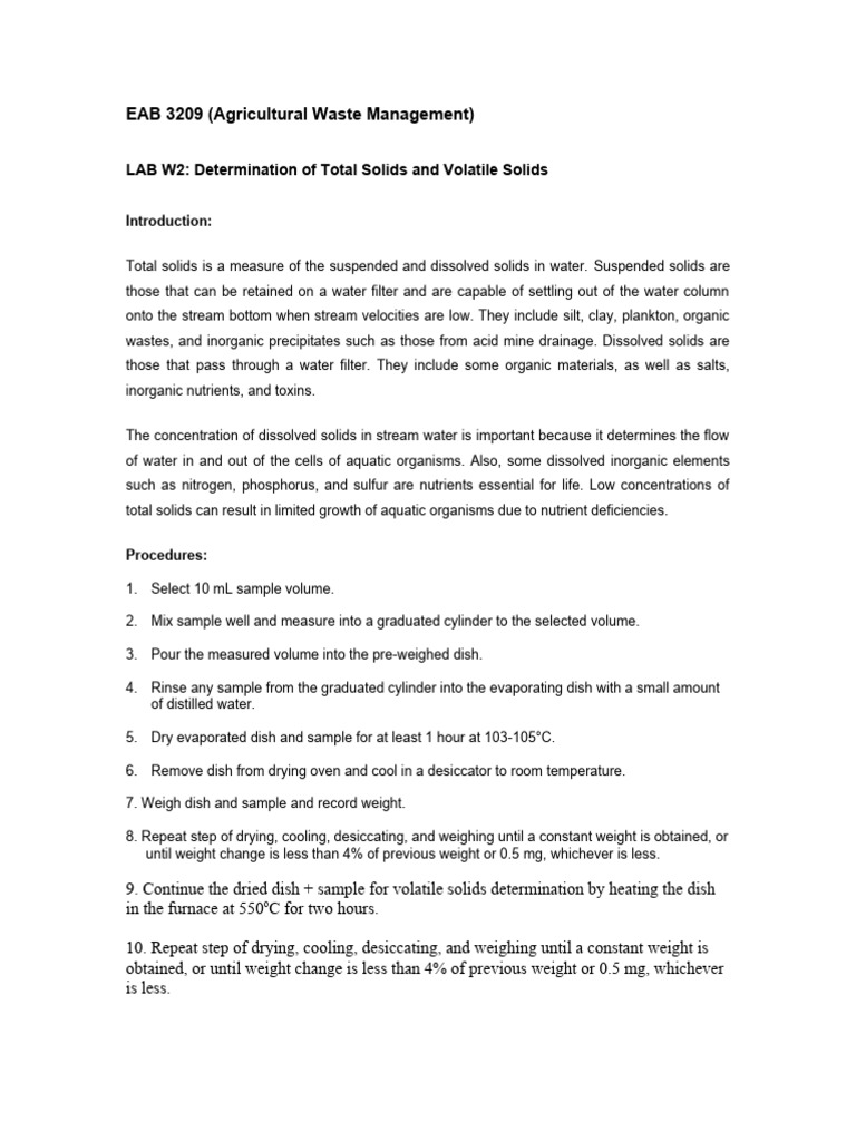 Lab W2 Total Solid and Volatile Solid | PDF | Water | Effluent