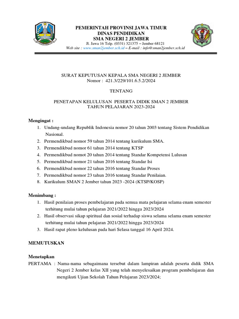 SK Penetapan Kelulusan 2024 | PDF