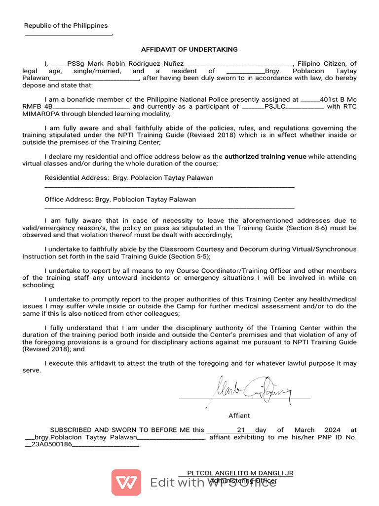 Affidavit of Undertaking for PNP Training | PDF | Affidavit | Government