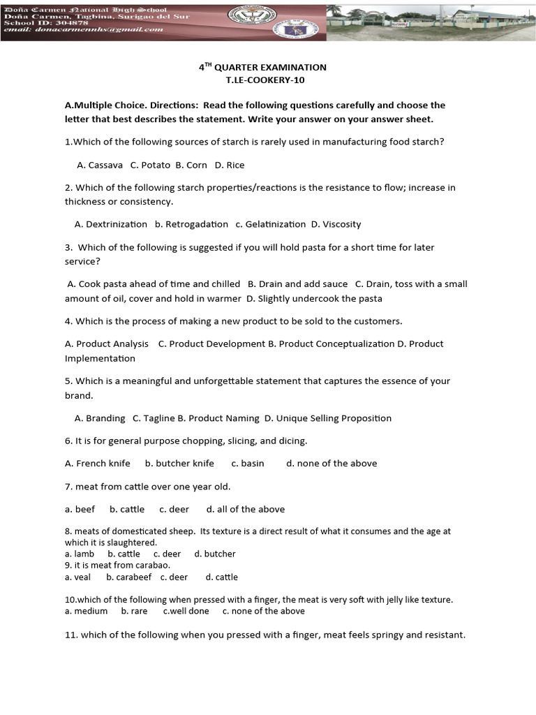 4TH Quarter Examination Cookery-10 | PDF | Curing (Food Preservation ...