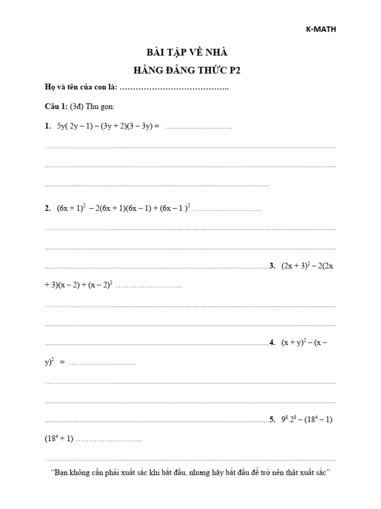 Lớp 8 BTVN B2. Hằng đẳng thức P2 | PDF