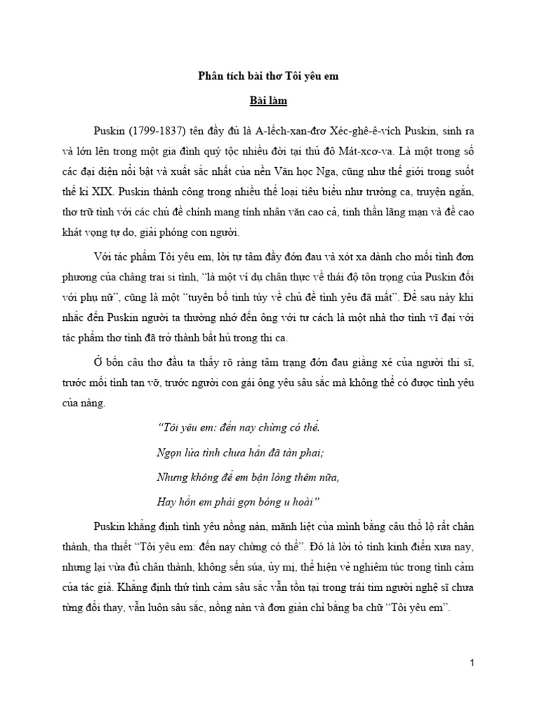 Phân Tích Bài Thơ Tôi Yêu em C A Puskin | PDF