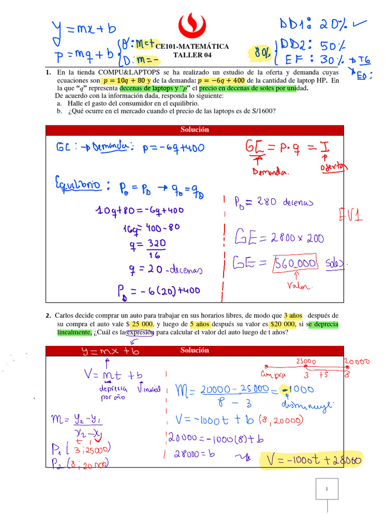 CE101_2024_TALLER_04_SOLUCIONARIO DE MATEMATICA 2 | PDF | Precios | Oferta y demanda