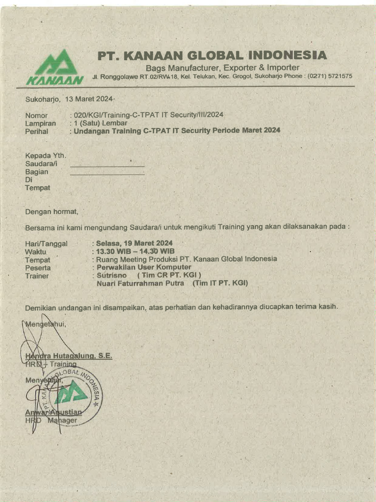 Undangan Training C-TPAT IT Security TGL 19 Maret 2024 | PDF