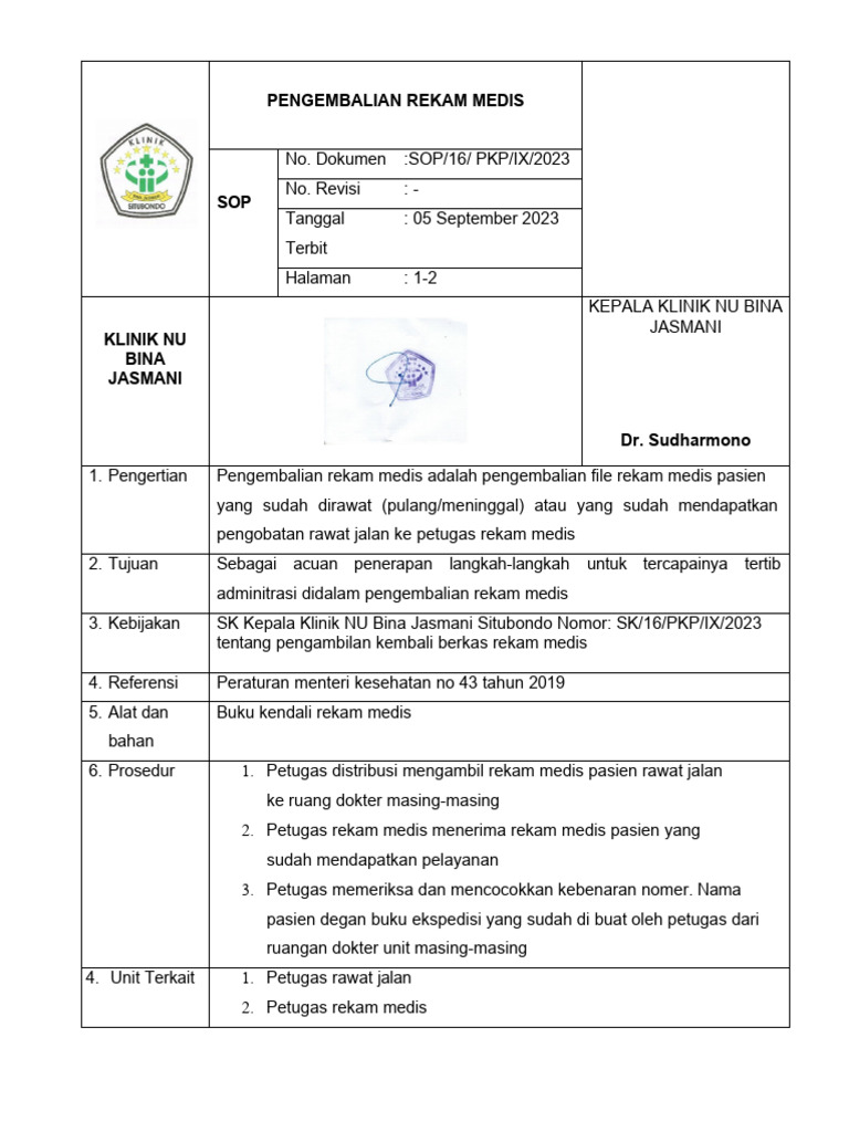 Sop Pengembalian Rekam Medis Fix | PDF