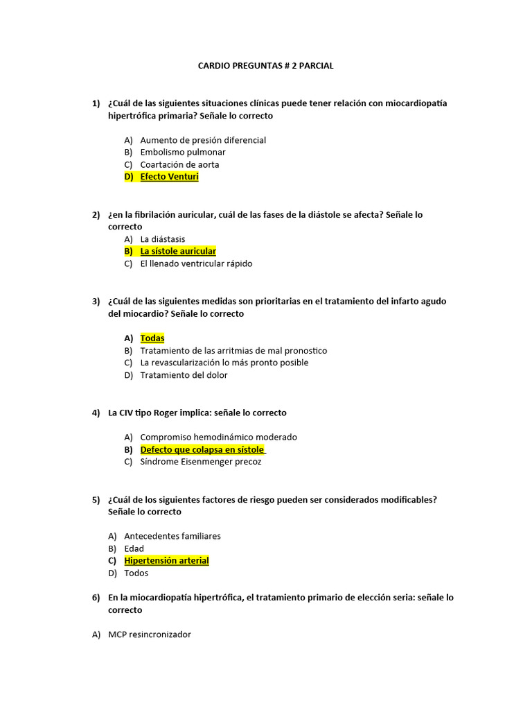 Preguntas sobre Cardiopatías y Tratamientos | PDF | Sistema ...